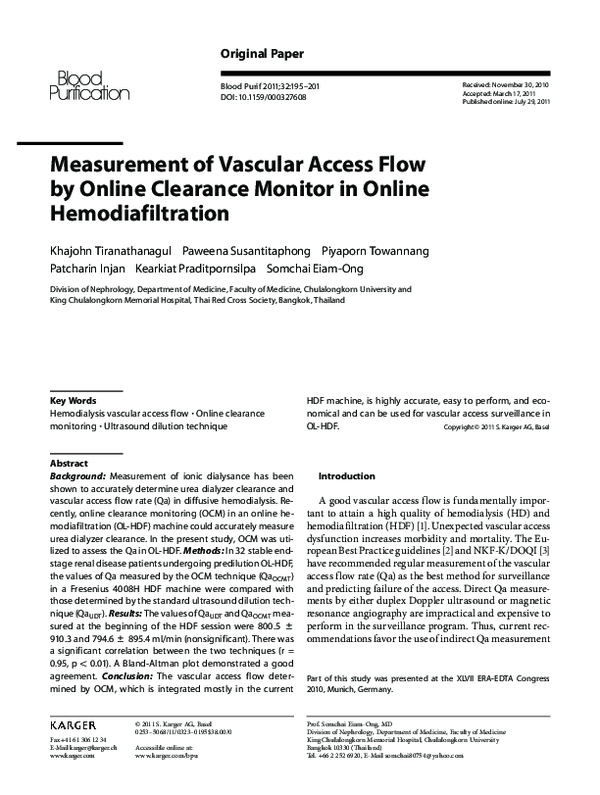 (PDF) Measurement of Vascular Access Flow by Online Clearance Monitor ...