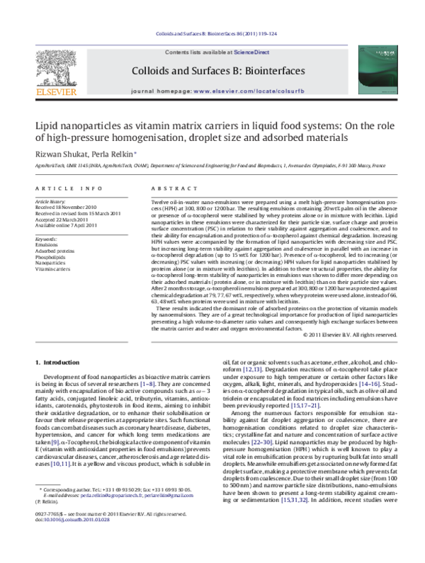 Pdf Lipid Nanoparticles As Vitamin Matrix Carriers In Liquid Food Systems On The Role Of High