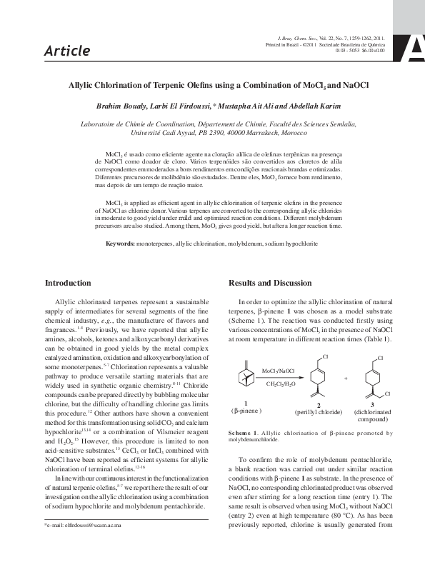 (PDF) Allylic chlorination of terpenic olefins using a combination of ...