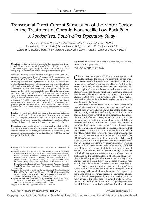 (PDF) Transcranial Direct Current Stimulation of the Motor Cortex in the Treatment of Chronic ...