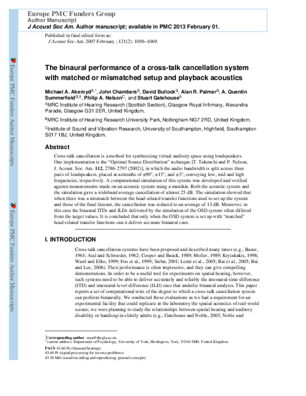 (PDF) The binaural performance of a cross-talk cancellation system with matched or mismatched ...
