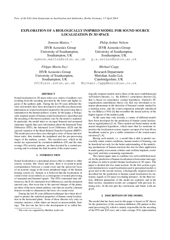 Pdf Exploration Of A Biologically Inspired Model For Sound Source Localization In 3d Space