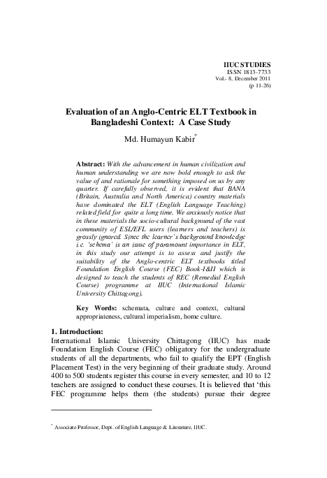 (PDF) Evaluation of an Anglo-Centric ELT Textbook in Bangladeshi ...