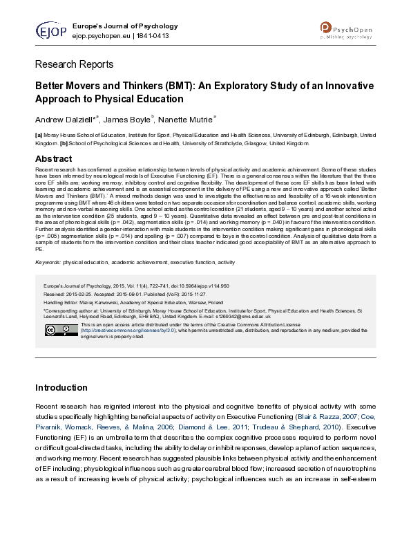 (PDF) Better Movers and Thinkers (BMT): An Exploratory Study of an ...