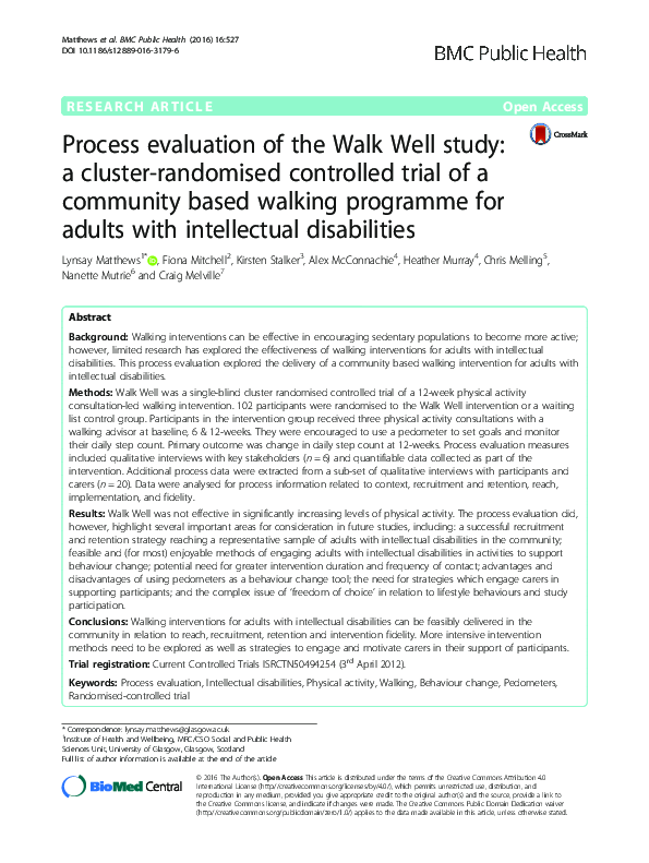 (PDF) Process evaluation of the Walk Well study: a cluster-randomised controlled trial of a ...