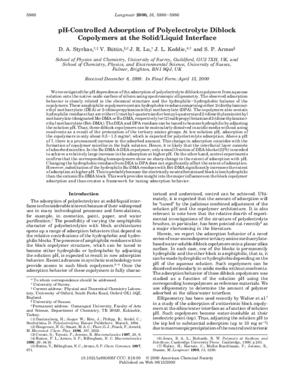 (PDF) pH-Controlled Adsorption of Polyelectrolyte Diblock Copolymers at the Solid/Liquid Interface