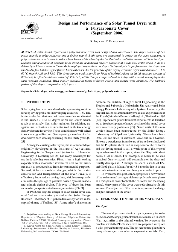(PDF) Design and Performance of a Solar Tunnel Dryer with