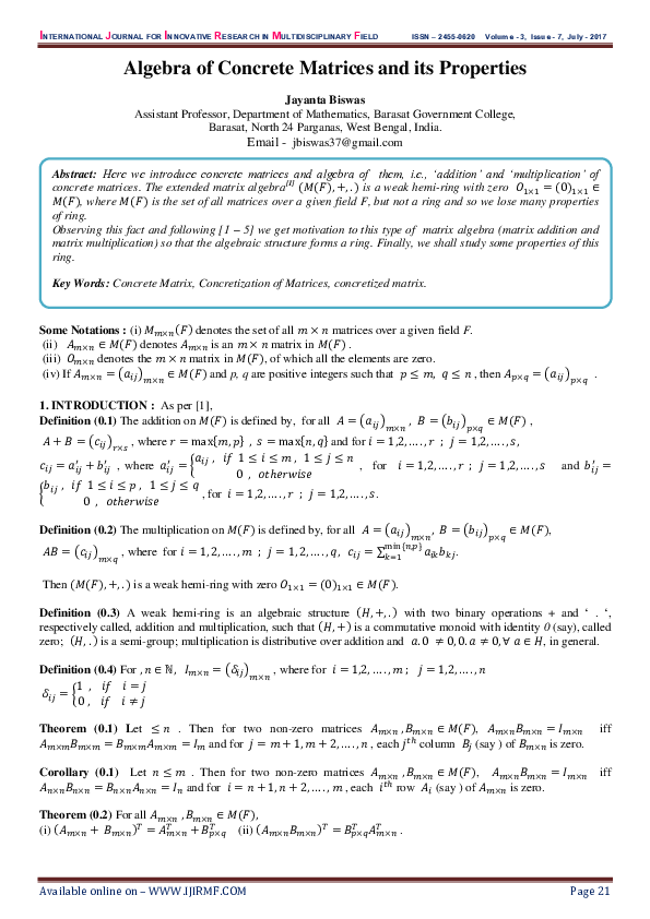(PDF) Algebra of Concrete Matrices and its Properties