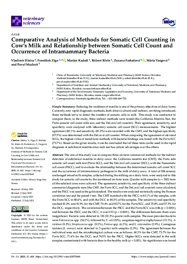 (PDF) Comparative Analysis of Methods for Somatic Cell Counting in Cow ...