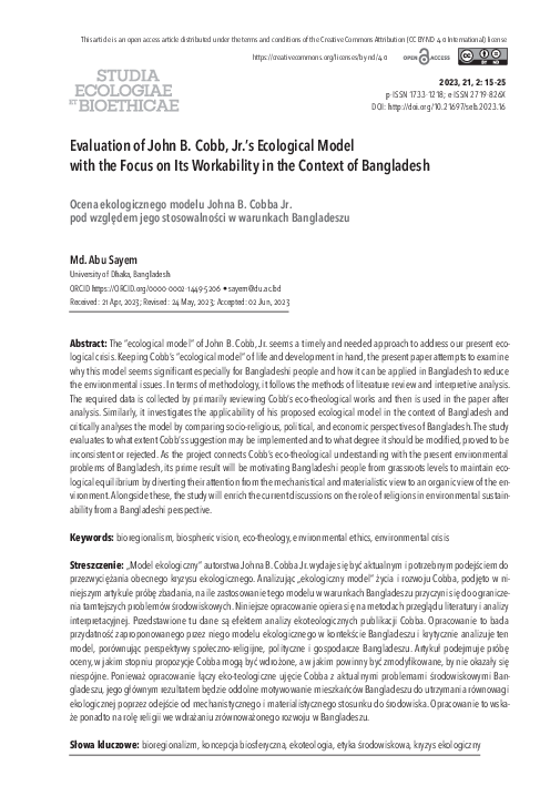 (PDF) Evaluation of John B. Cobb, Jr.'s Ecological Model with the Focus on Its Workability in ...
