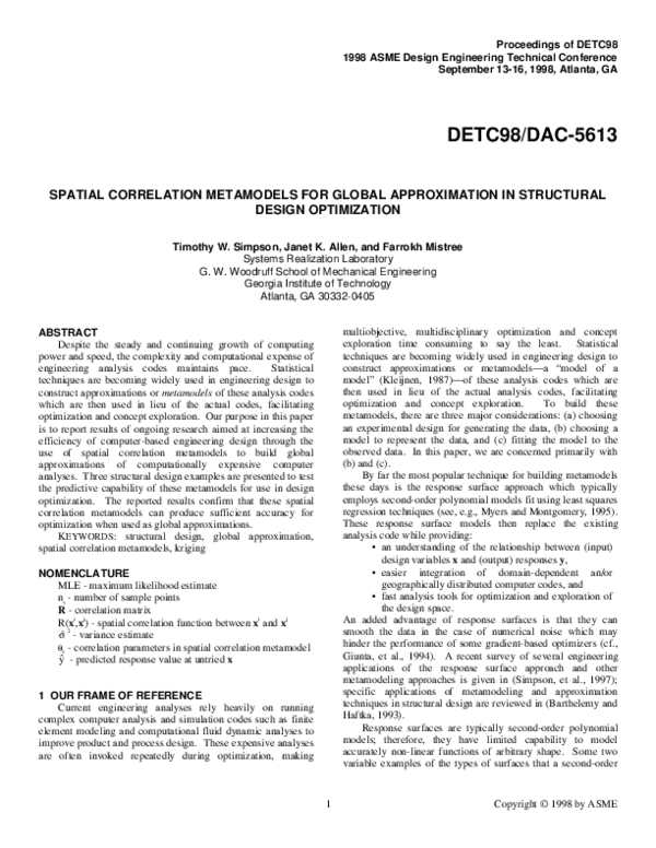 Pdf Spatial Correlation Metamodels For Global Approximation In Structural Design Optimization