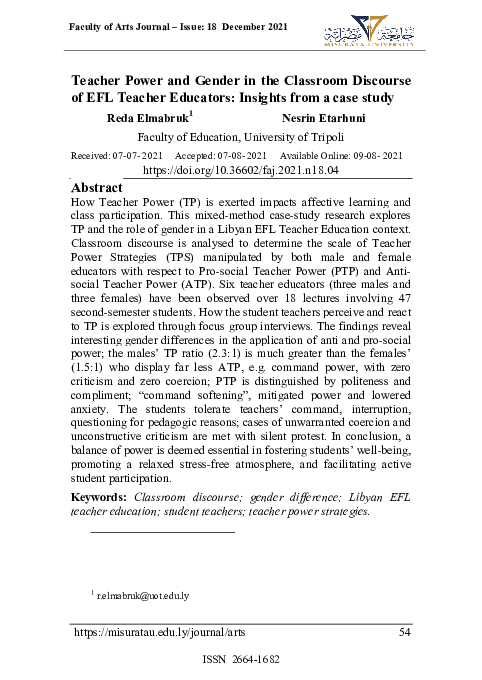 (PDF) Teacher Power and Gender in the Classroom Discourse of EFL ...