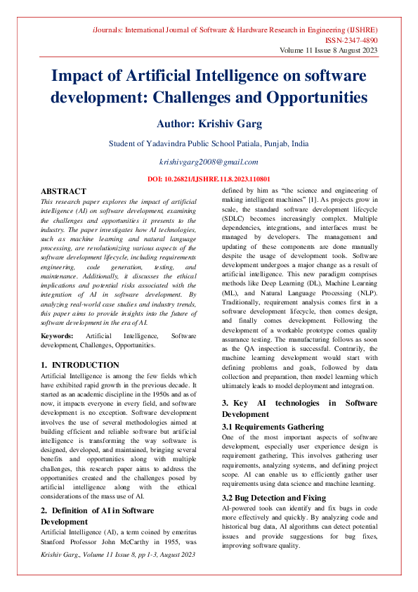 (PDF) Impact of Artificial Intelligence on software development: Challenges and Opportunities