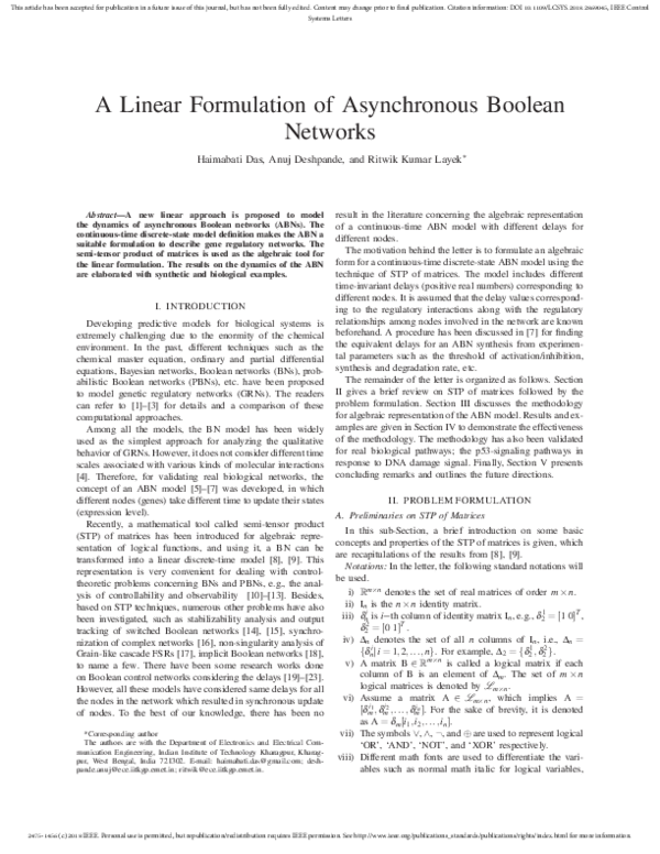 Pdf Linear Modeling Of Asynchronous Boolean Networks Dynamics