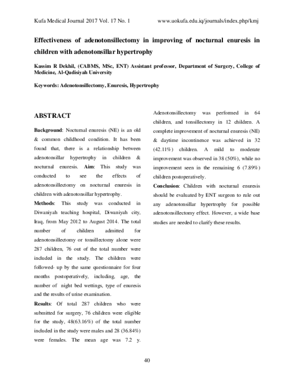 (PDF) Effectiveness of adenotonsillectomy in improving of nocturnal ...