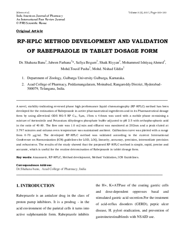 (PDF) RP-HPLC Method Development and Validation of Rabeprazole in Tablet Dosage Form