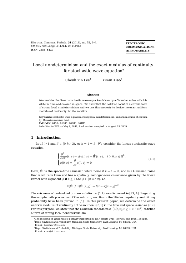 (PDF) Local Nondeterminism and Modulus of Continuity in Stochastic Wave Equations