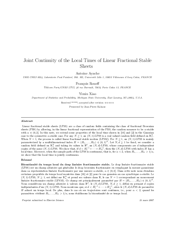 (PDF) Joint continuity of the local times of linear fractional stable ...