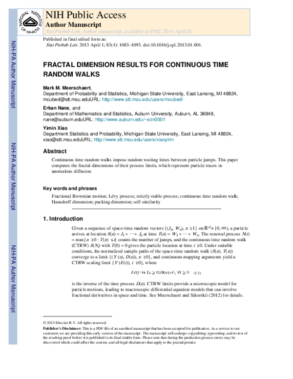 Pdf Fractal Dimension Results For Continuous Time Random Walks