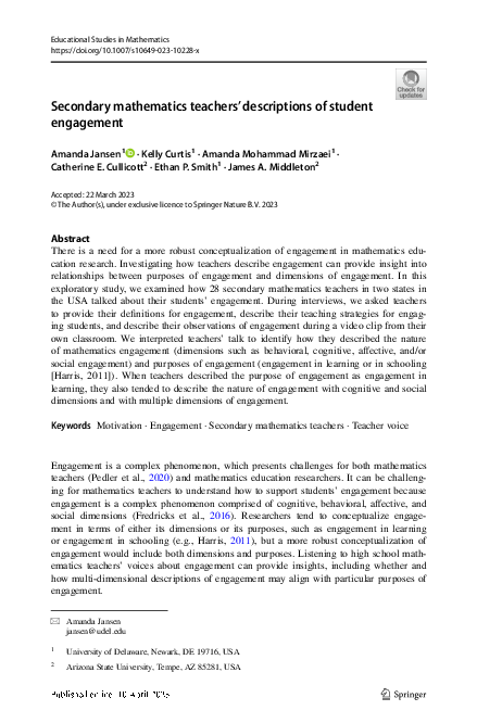(PDF) Secondary mathematics teachers’ descriptions of student engagement