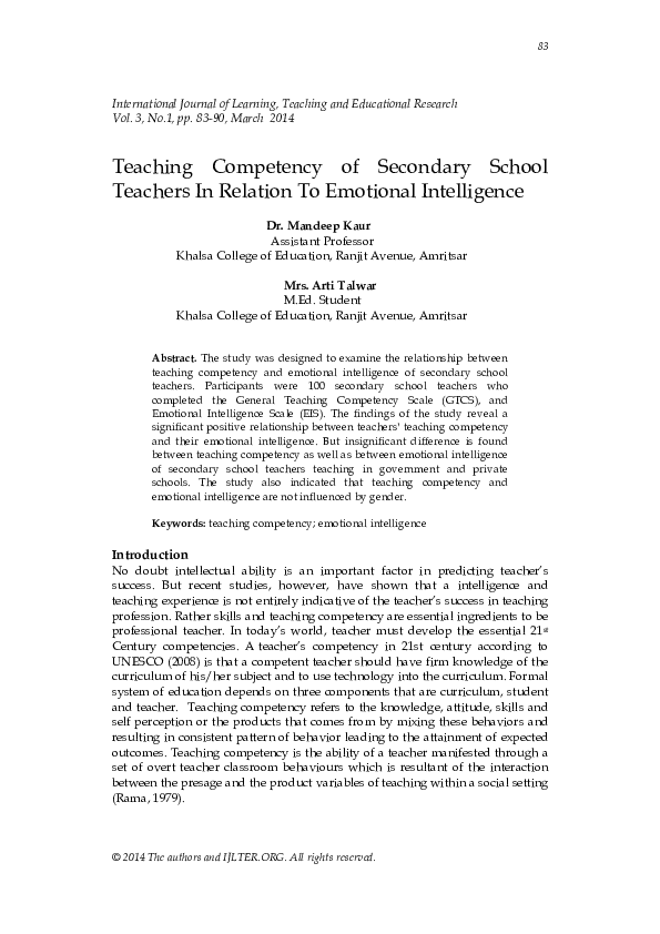 (PDF) Teaching Competency of Secondary School Teachers In Relation To Emotional Intelligence