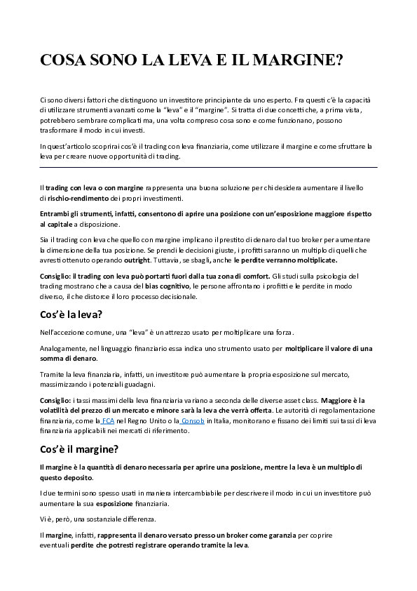 (DOC) COSA SONO LA LEVA E IL MARGINE