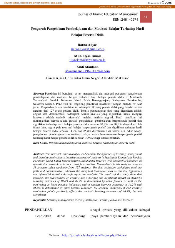 (PDF) Pengaruh Pengelolaan Pembelajaran dan Motivasi Belajar Terhadap Hasil Belajar Peserta ...