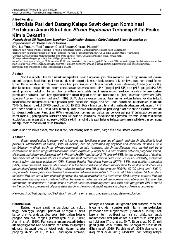 (PDF) Hydrolysis of Oil Palm Stem Starch by Combination Between Citric Acid and Steam Explosion ...