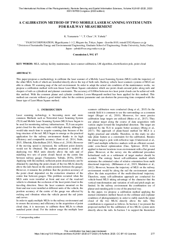 Pdf A Calibration Method Of Two Mobile Laser Scanning System Units For Railway Measurement