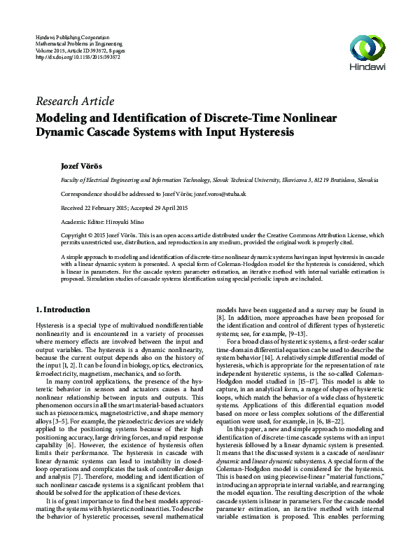 Pdf Modeling And Identification Of Discrete Time Nonlinear Dynamic Cascade Systems With Input