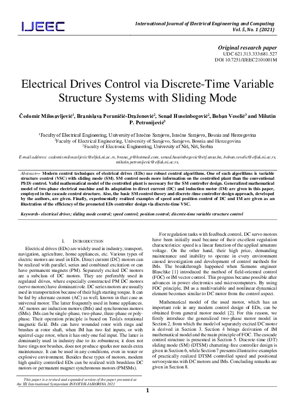 Pdf Electrical Drives Control Via Discrete Time Variable Structure Systems With Sliding Mode