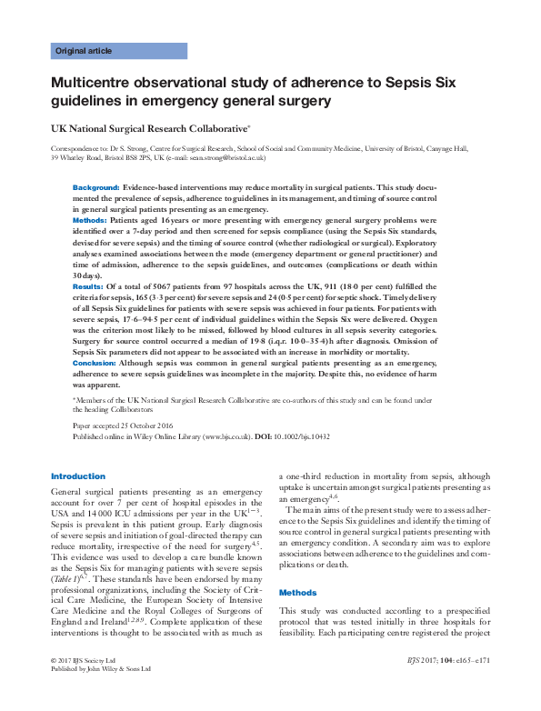 (PDF) Multicentre observational study of adherence to Sepsis Six guidelines in emergency general ...