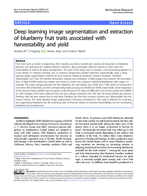 (PDF) Deep learning image segmentation and extraction of blueberry fruit traits associated with ...
