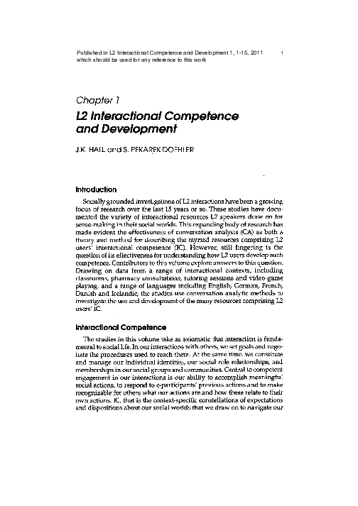 (PDF) L2 Interactional Competence and Development (Chapter 1)