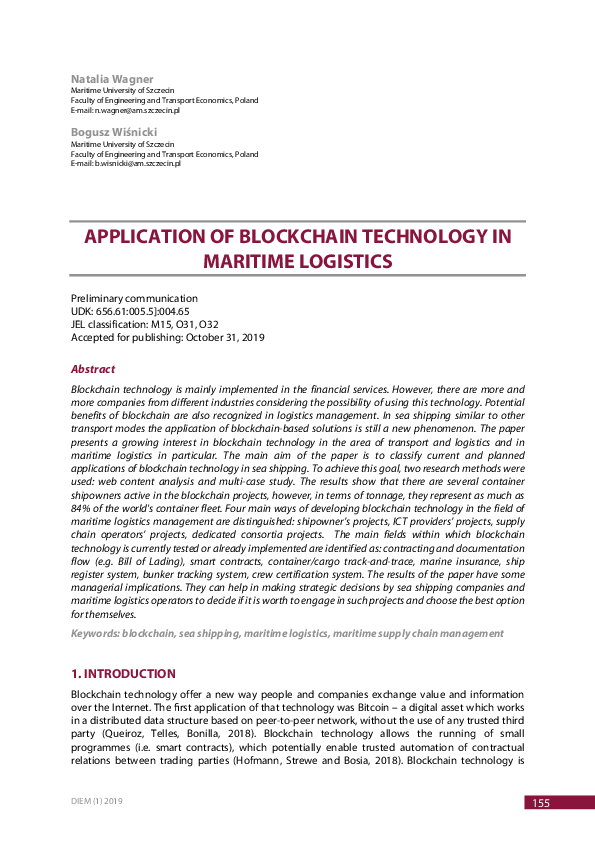 (PDF) Application of Blockchain Technology in Maritime Logistics