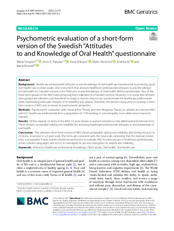 (PDF) Psychometric evaluation of a short-form version of the Swedish ...