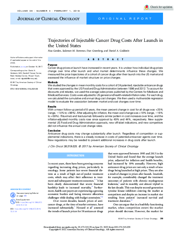 (PDF) Trajectories of Injectable Cancer Drug Costs After Launch in the ...