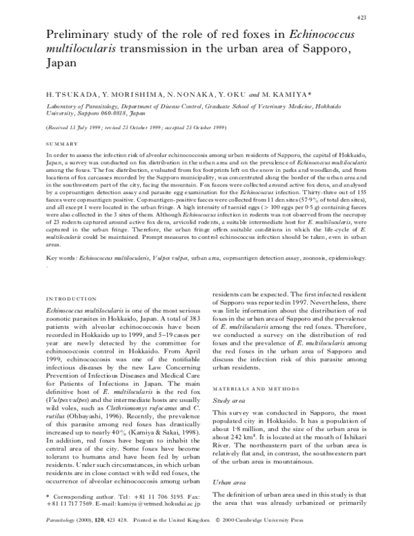 (PDF) Preliminary study of the role of red foxes in Echinococcus multilocularis transmission in ...