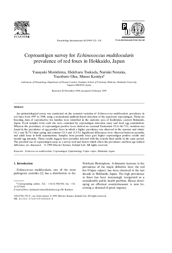(PDF) Coproantigen survey for Echinococcus multilocularis prevalence of red foxes in Hokkaido, Japan