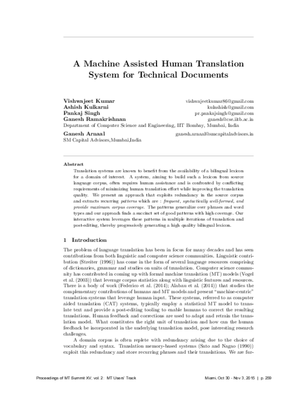 (PDF) A Machine Assisted Human Translation System for Technical Documents