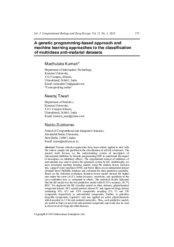 Pdf A Genetic Programming Based Approach And Machine Learning Approaches To The Classification