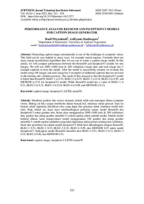 (PDF) Performance Analysis RESNET50 and INCEPTIONV3 Models for Caption Image Generator
