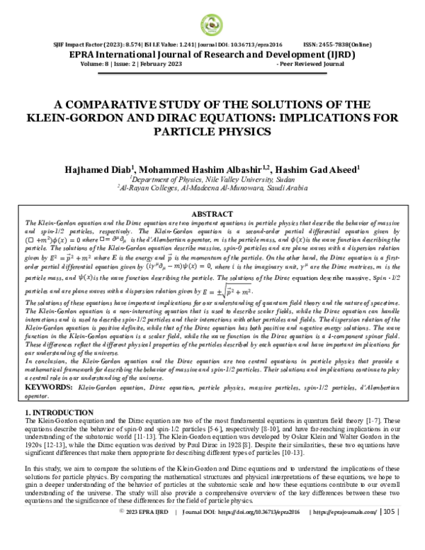 (PDF) A Comparative Study of the Solutions of the Klein-Gordon and Dirac Equations: Implications ...