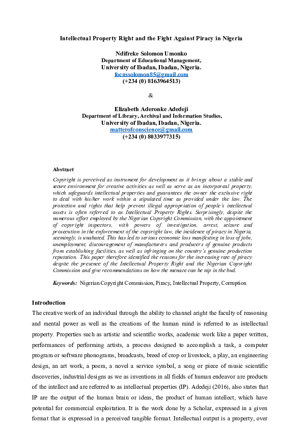 (DOC) Intellectual Property Right and the Fight Against Piracy in Nigeria