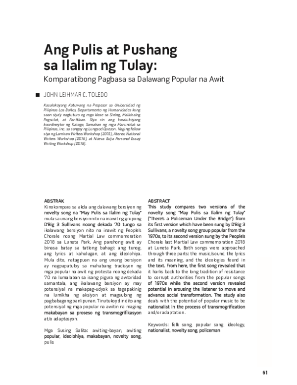 (PDF) Ang Pulis at Pushang sa Ilalim ng Tulay: Komparatibong Pagbasa sa ...
