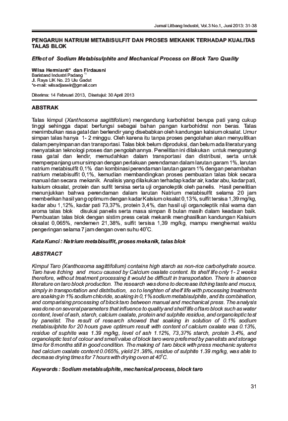 (PDF) Pengaruh Natrium Metabisulfit dan Proses Mekanik Terhadap Kualitas Talas Blok | Firdausni ...