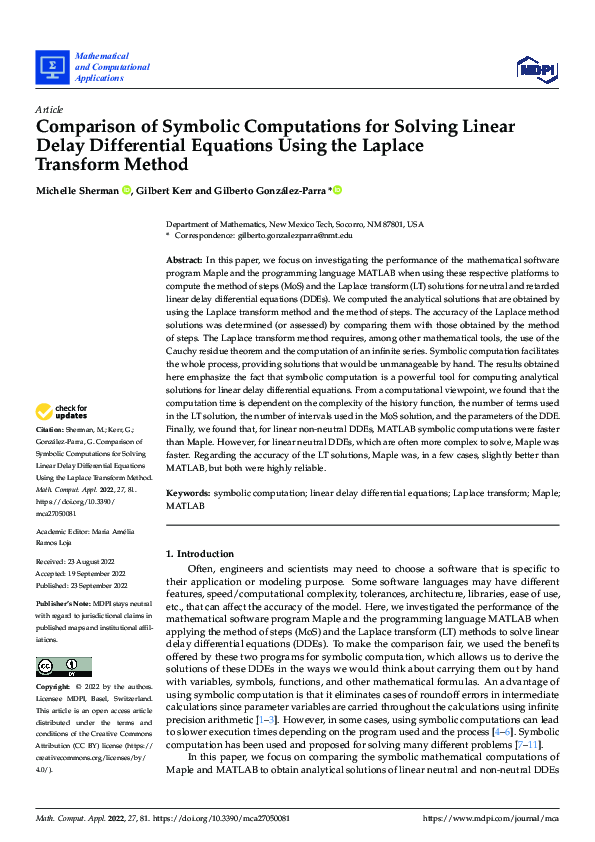 Pdf Comparison Of Symbolic Computations For Solving Linear Delay Differential Equations Using