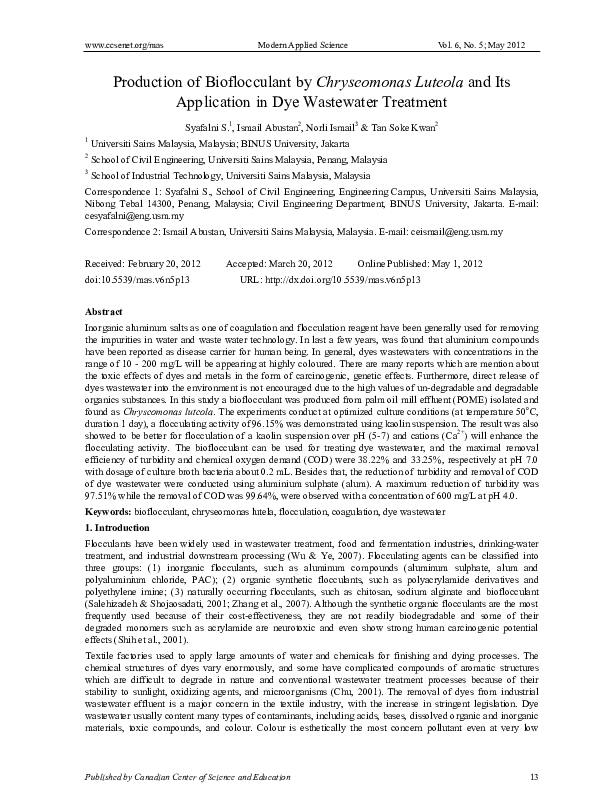 (PDF) Production of Bioflocculant by Chryseomonas Luteola and Its ...