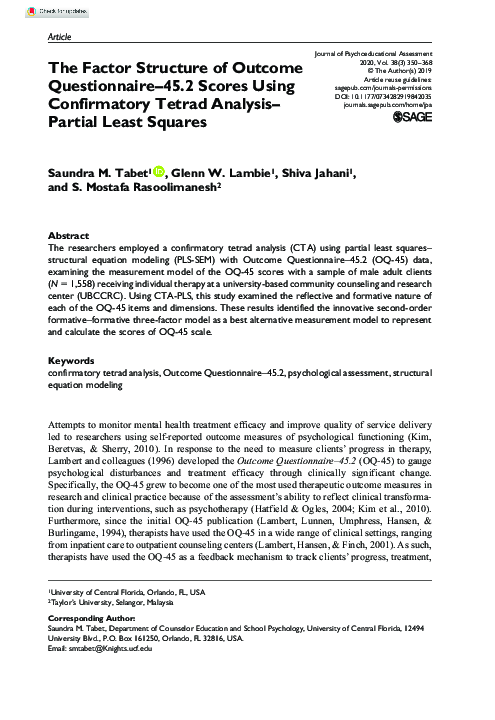 (PDF) The Factor Structure of Outcome Questionnaire–45.2 Scores Using ...
