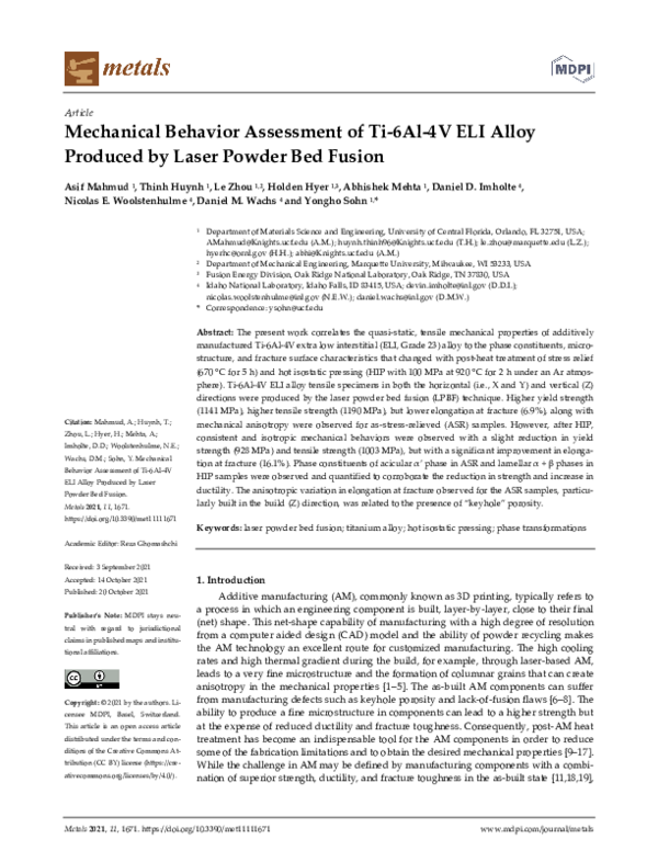 (PDF) Mechanical Behavior Assessment of Ti-6Al-4V ELI Alloy Produced by Laser Powder Bed Fusion ...